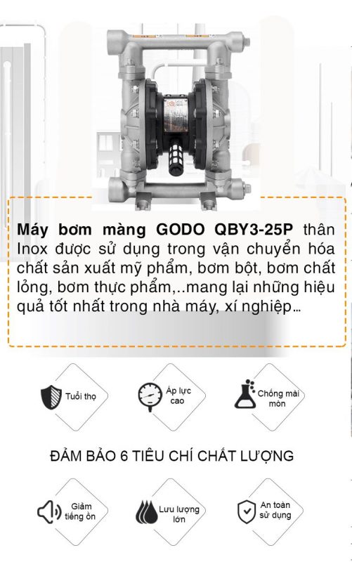 Bơm màng GODO QBY3-25P thân Inox | Thiết Bị Việt Á